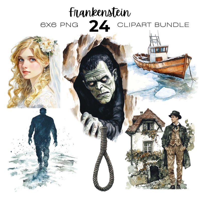 Watercolour Frankenstein Clipart, Mary Shelley, Gothic Book, Literary ...