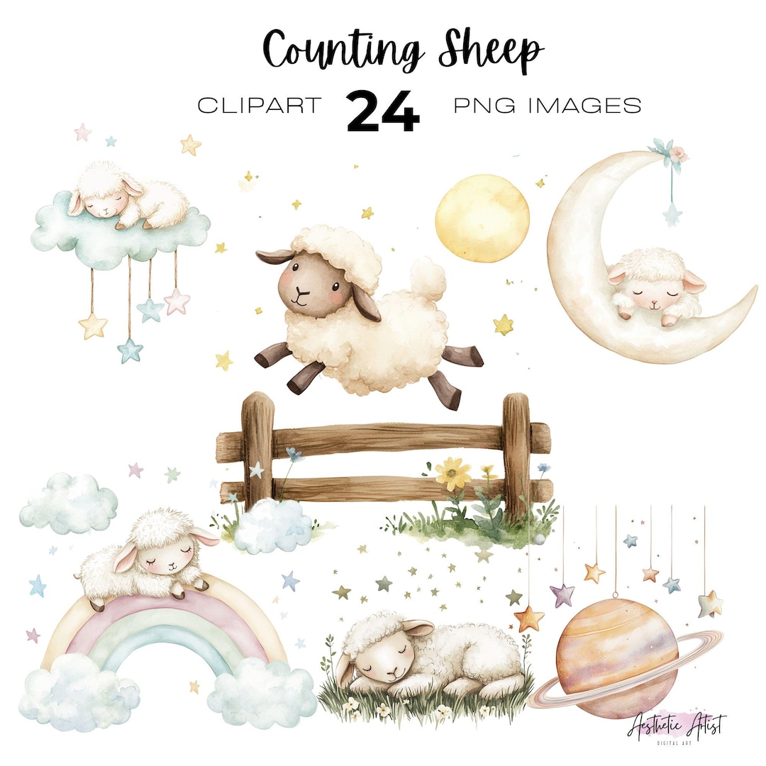 Watercolour Counting Sheep Clipart, Bedtime Png, First Birthday, Baby ...