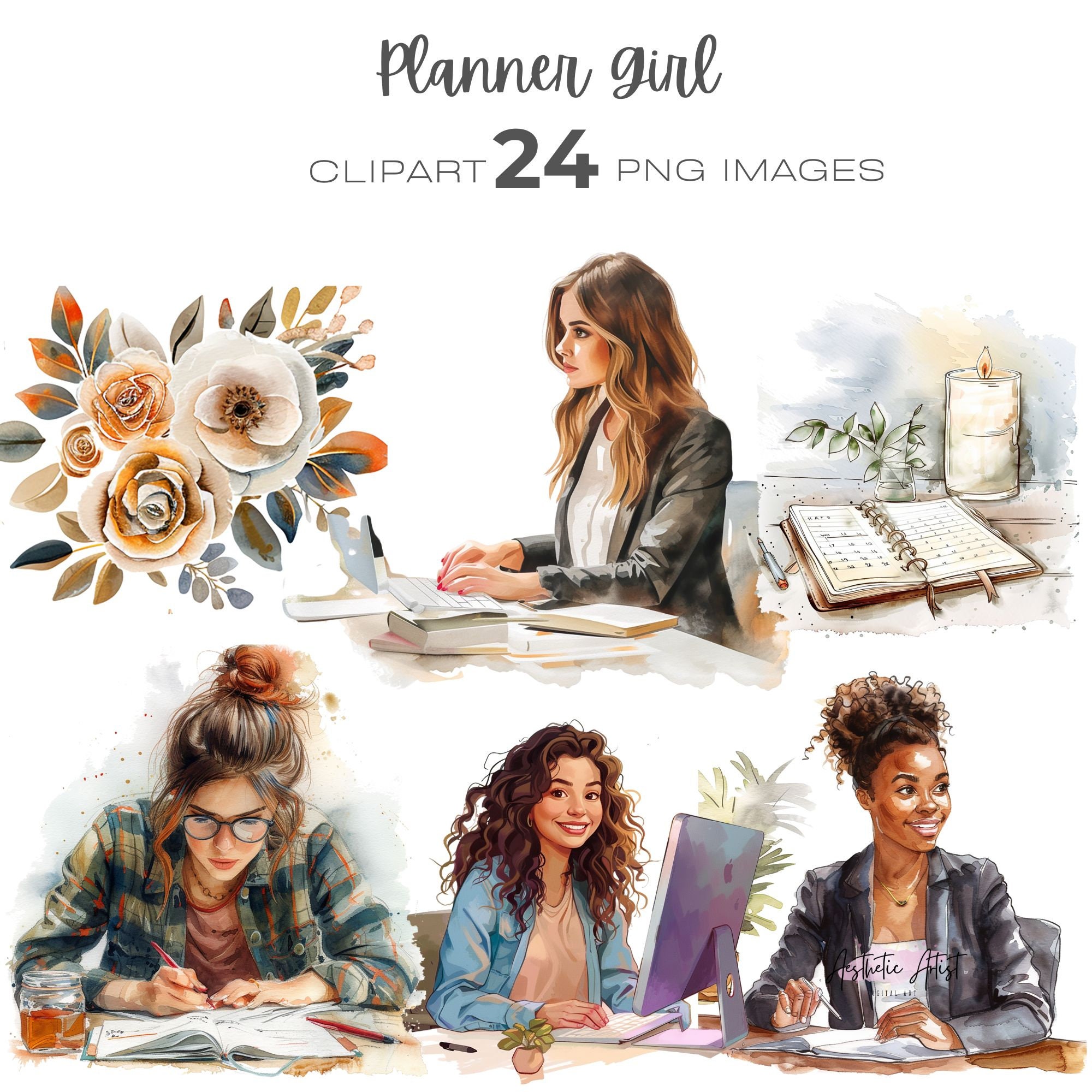 Watercolour Planner Girl Clipart, Graphics for Planners, Neutral ...