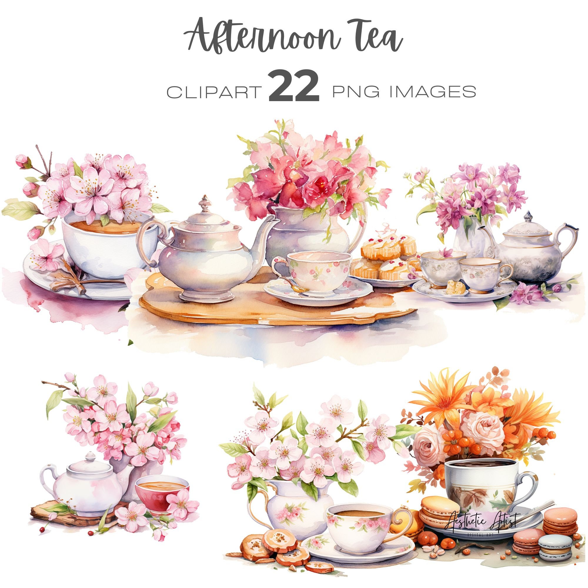 Watercolour Floral Afternoon Tea Clipart Bundle, Cottagecore Tea Party ...