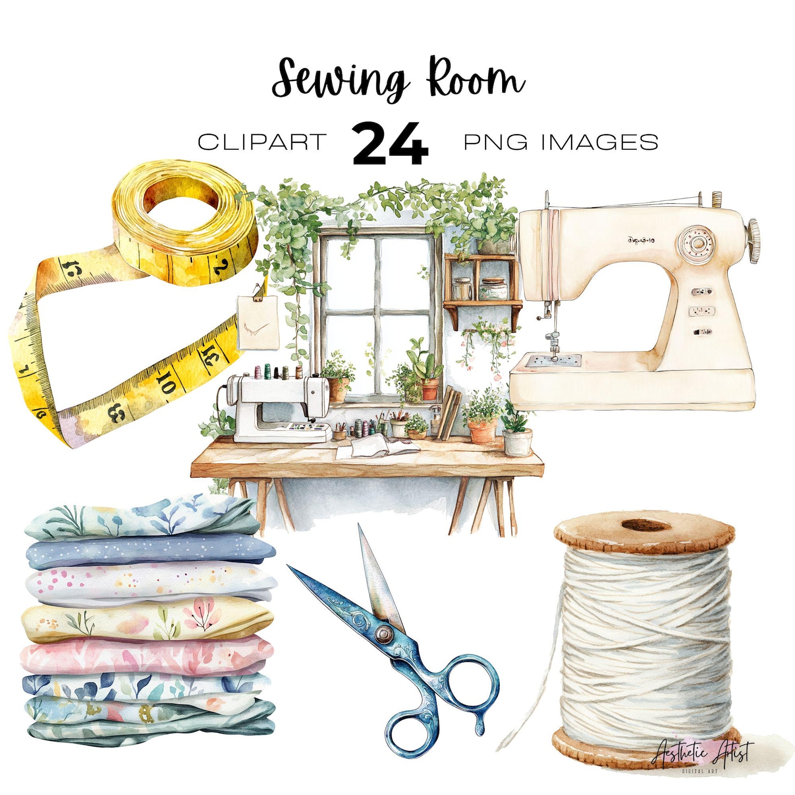 Watercolour Sewing Room Clipart, Graphics for Sewers, Sewing Machine ...