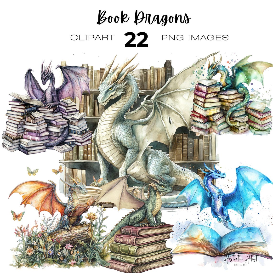 Watercolour Book Dragons Clipart Bundle, Library, Book Stack Floral ...