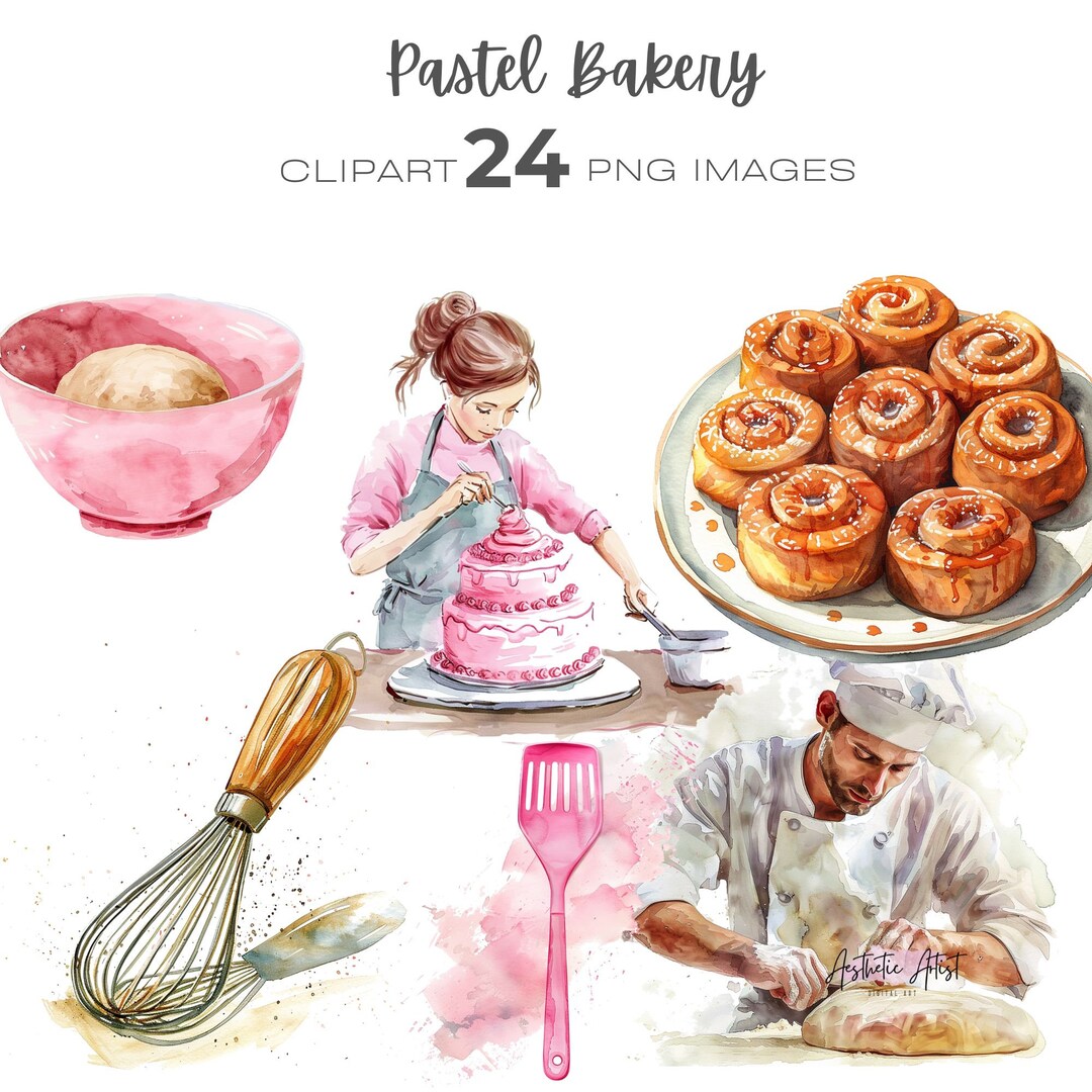Watercolour Pastel Bakery Clipart, Breadmaker Graphics, Pink Bakery Png ...