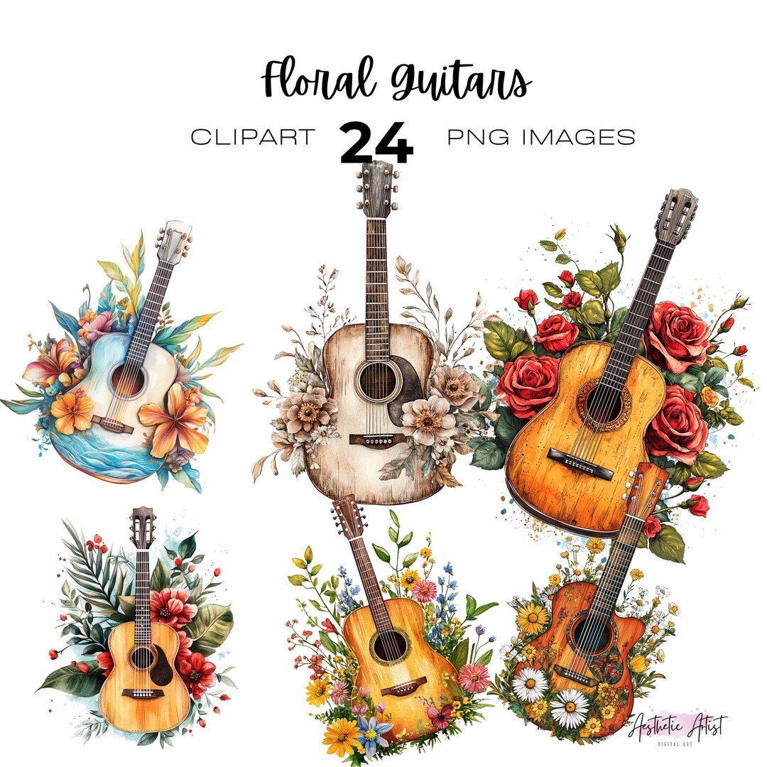 Watercolour Floral Guitar Clipart Bundle, Folk Guitar, Guitars With ...