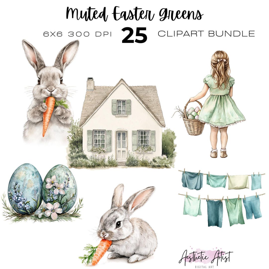 Watercolour Muted Green Spring Easter Clipart Bundle, Easter Egg, Bunny ...