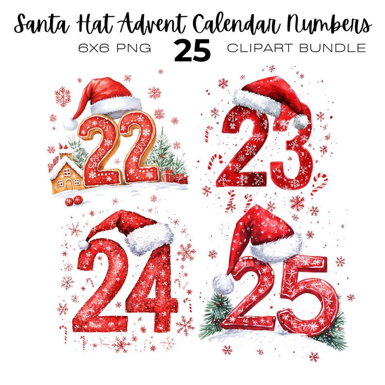 Watercolour Santa Hat Advent Calendar Numbers Bundle, Christmas ...