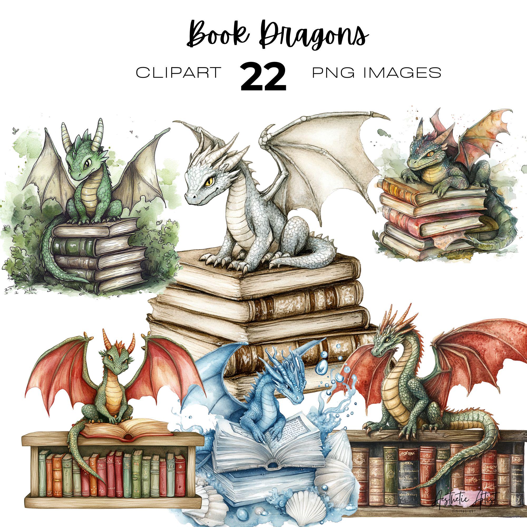 Watercolour Book Dragons Clipart Bundle, Library, Book Stack Floral ...
