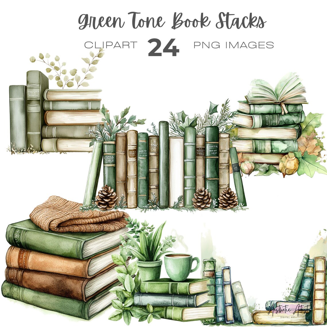 Watercolour Stack of Books Clipart Bundle, Library, Book Stack Border ...