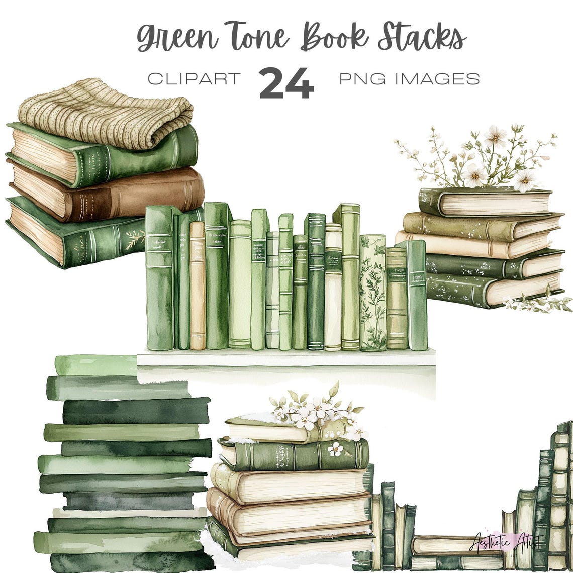 Watercolour Stack of Books Clipart Bundle, Library, Book Stack Border ...