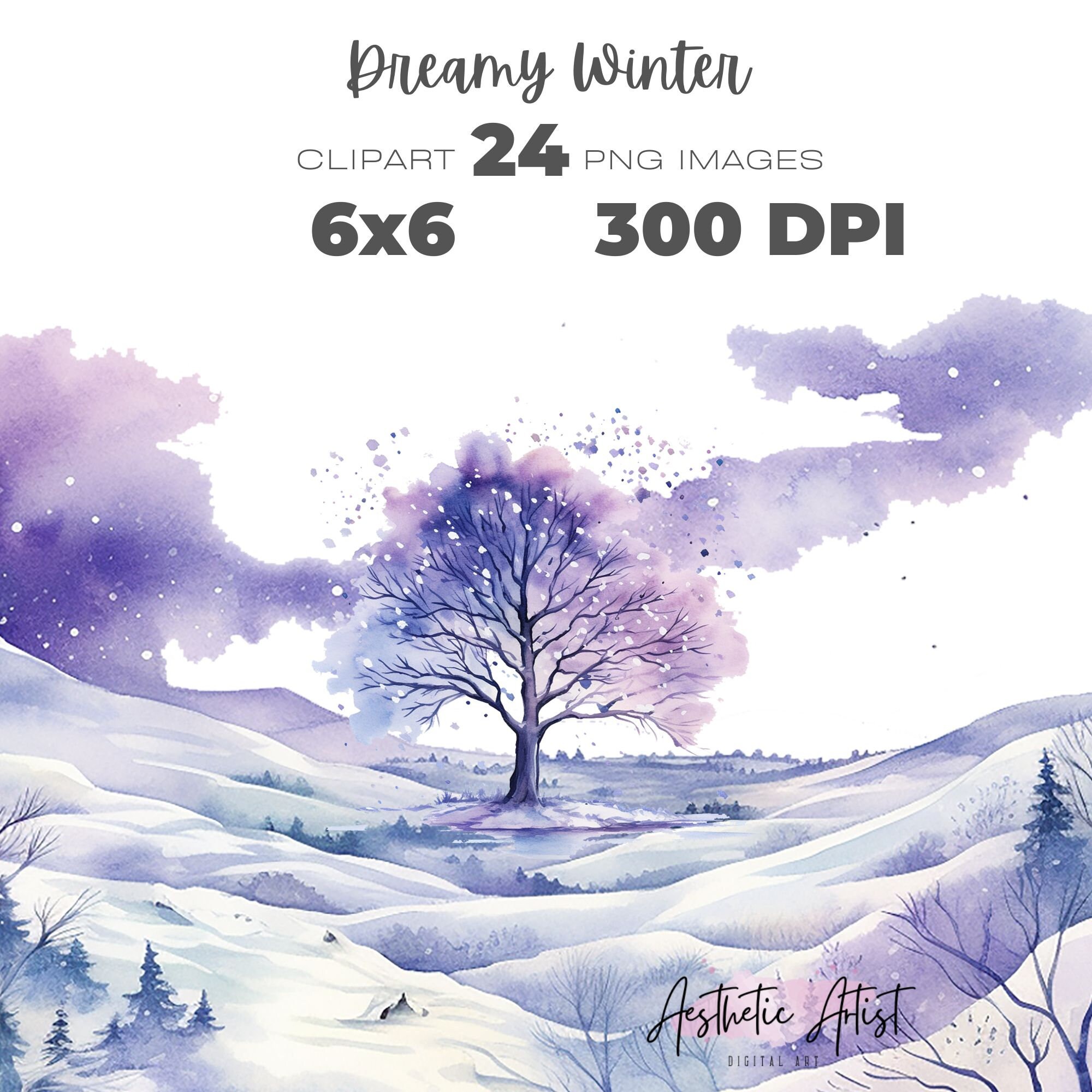 Watercolor Dreamy Winter Clipart, Snowy Hills Clipart, Winter ...