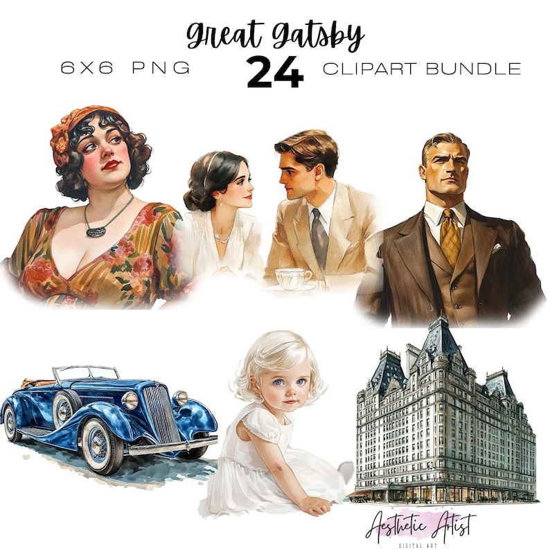 Watercolor the Great Gatsby Clipart, 1920s Classic Story, Daisy, Jay ...