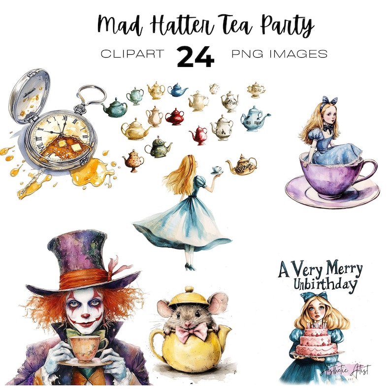 Mad Hatter Tea Party Alice in Wonderland Clipart, Very Merry Unbirthday ...