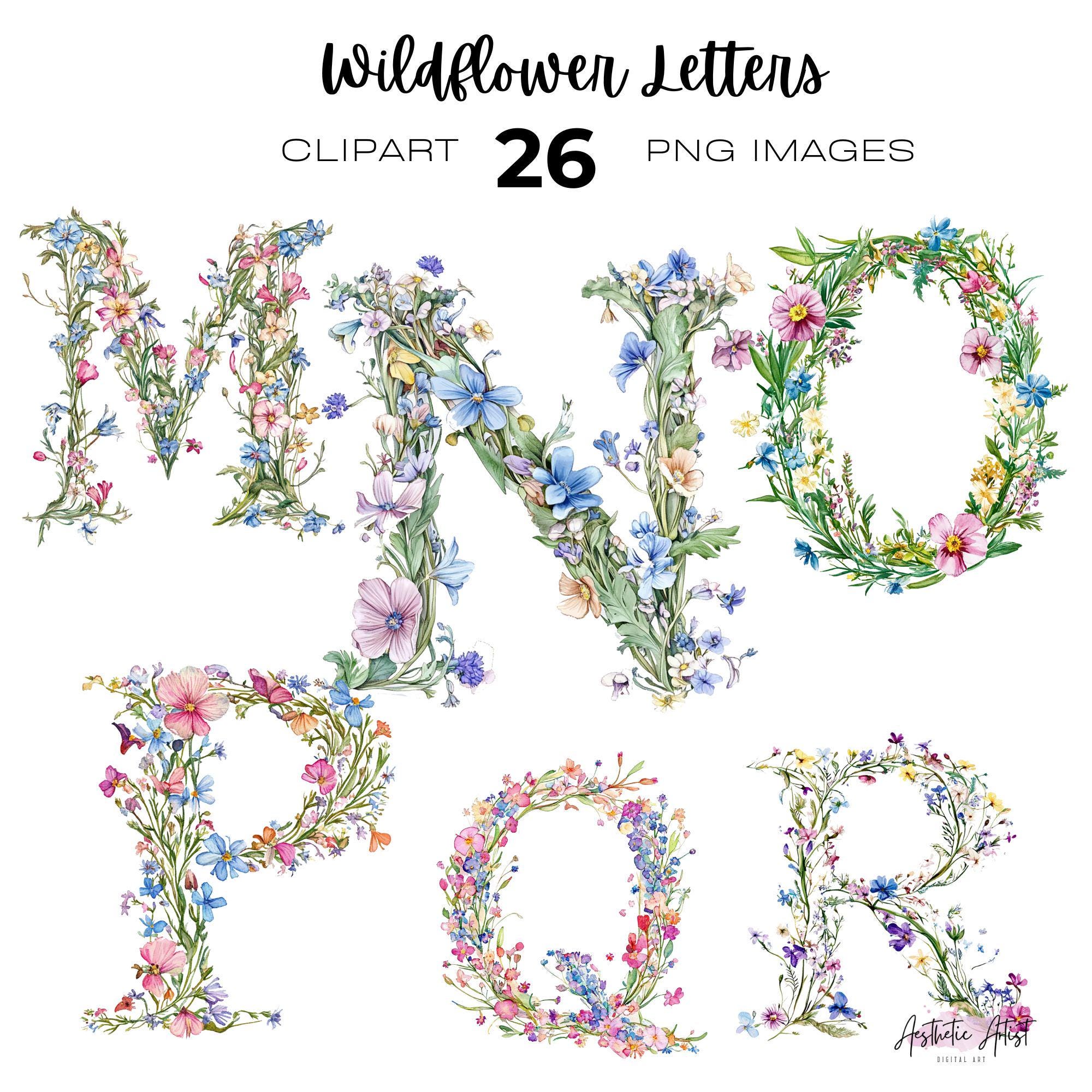 Wildflower Letters Clipart, Watercolor Flower Alphabet, Flower Letters ...