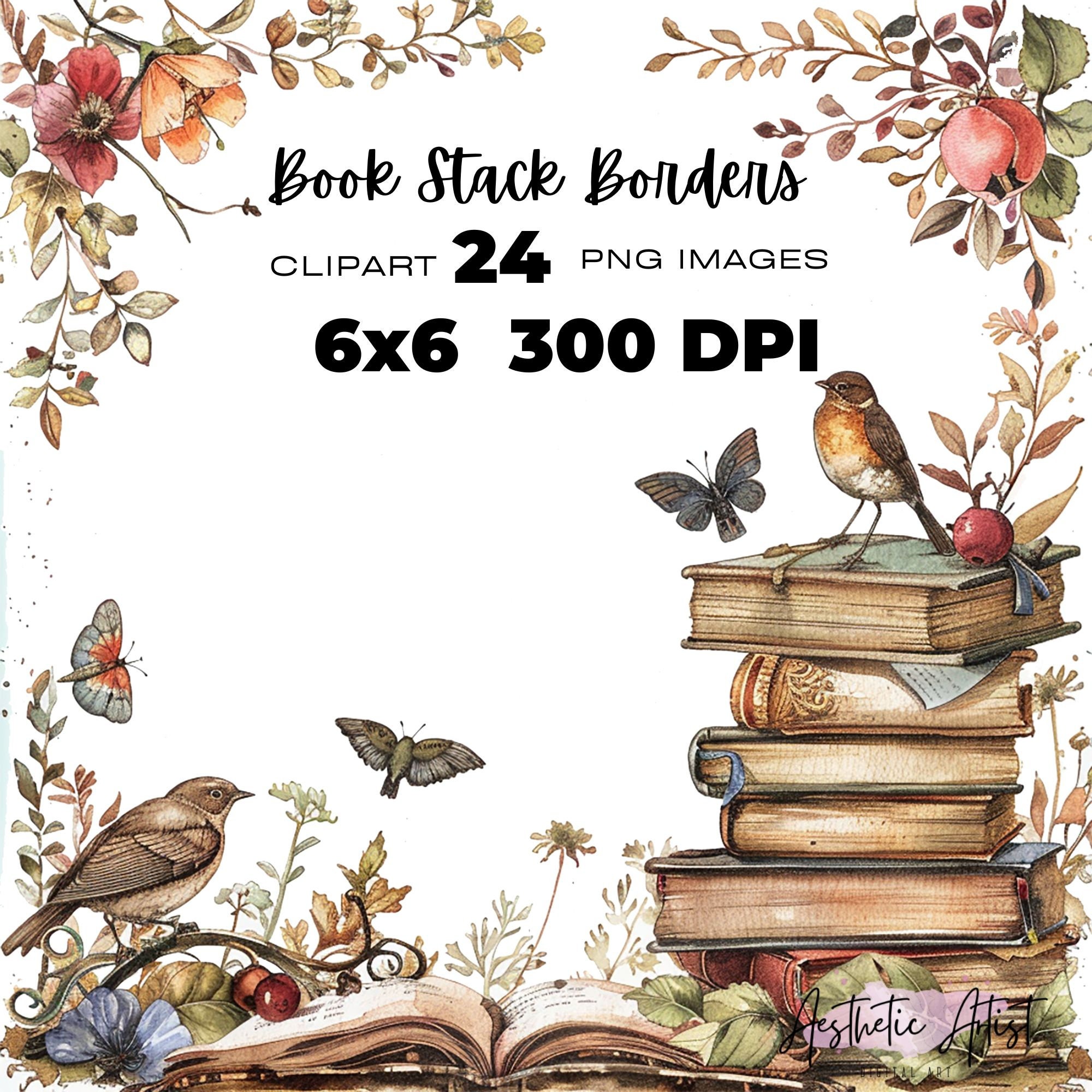 Watercolour Stack of Books Clipart Bundle, Library, Book Stack Border ...