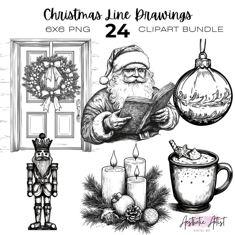 Christmas Line Drawings Clipart, Xmas Png, Holiday Black and White ...