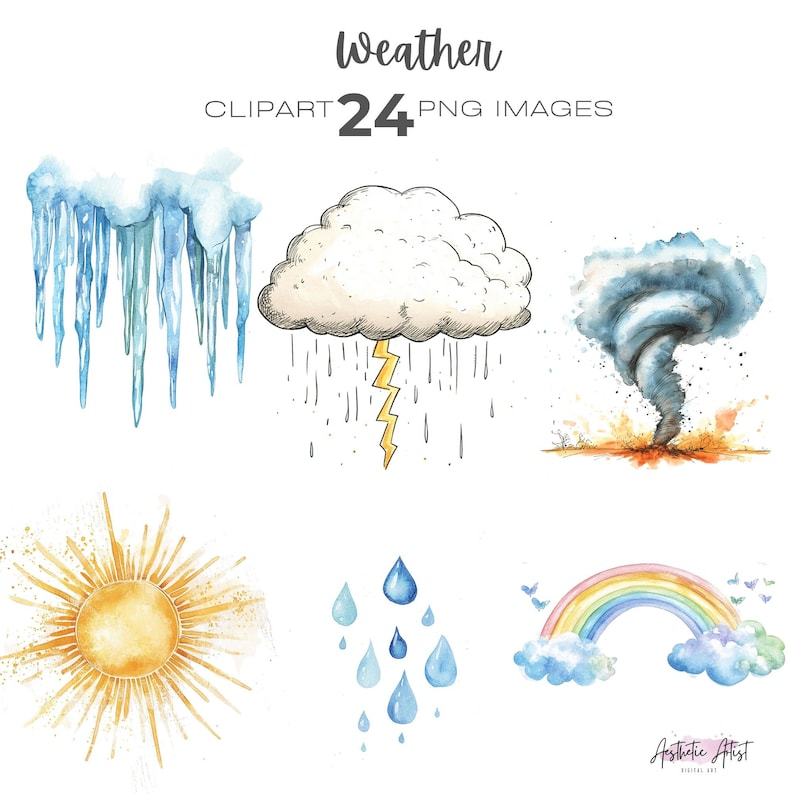 Watercolour Weather Clipart Bundle, Weatherman Symbols, Rainy Day ...