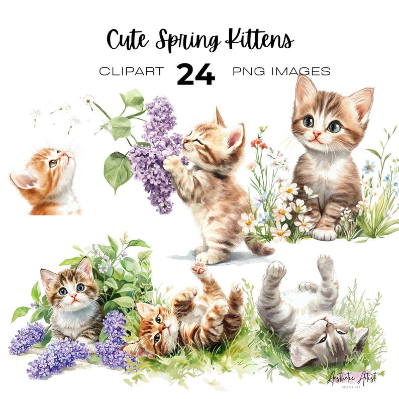 Watercolour Cute Spring Kittens Clipart, Graphics for Kitten Lovers ...