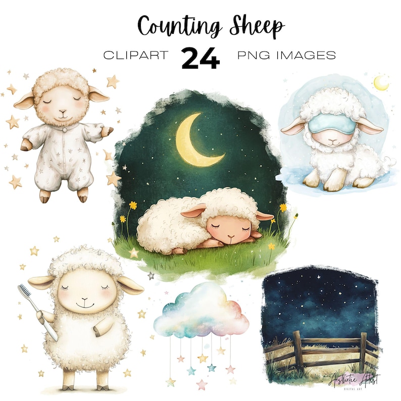 Watercolour Counting Sheep Clipart, Bedtime Png, First Birthday, Baby ...