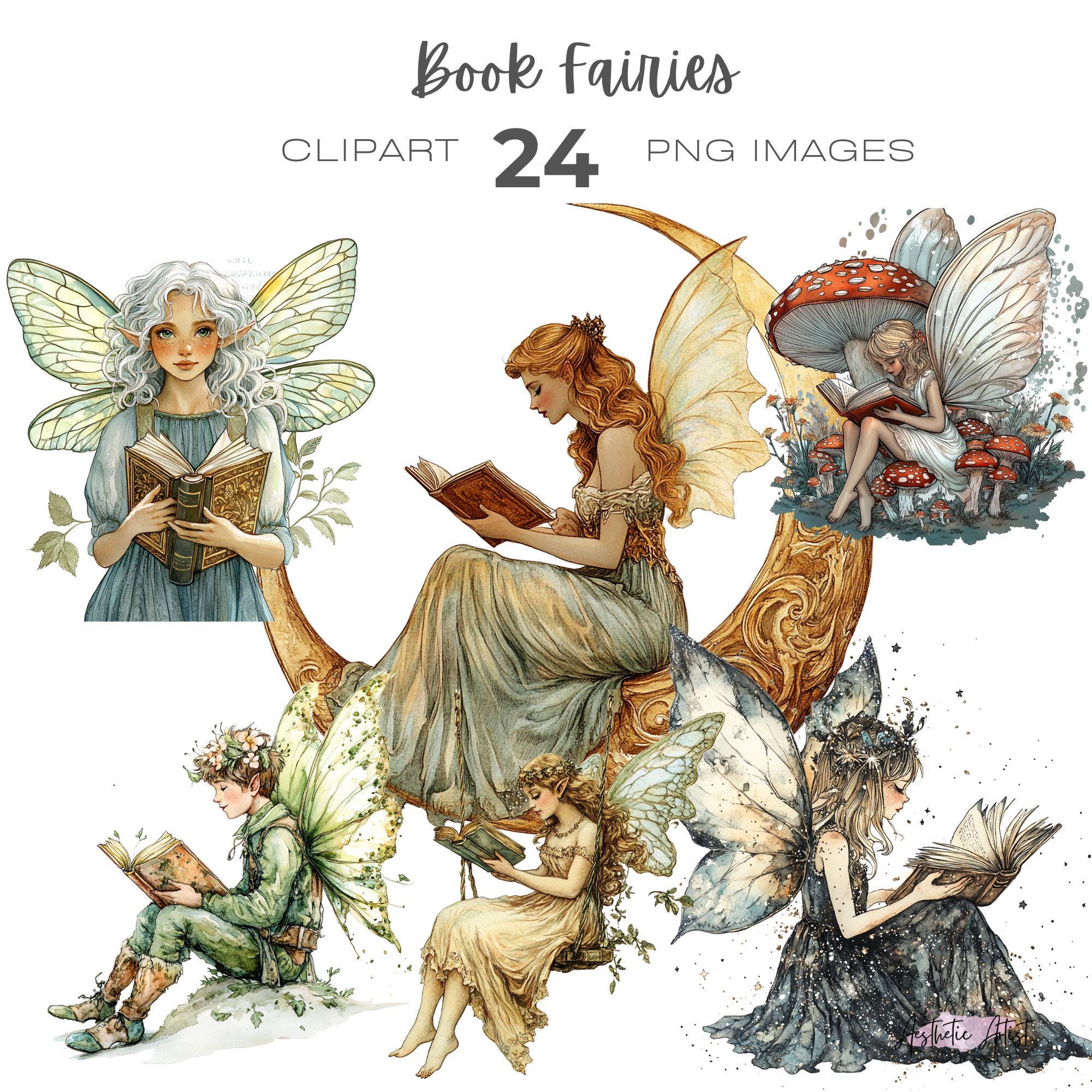 Watercolour Book Fairies Clipart Bundle, Library, Book Stack Floral ...