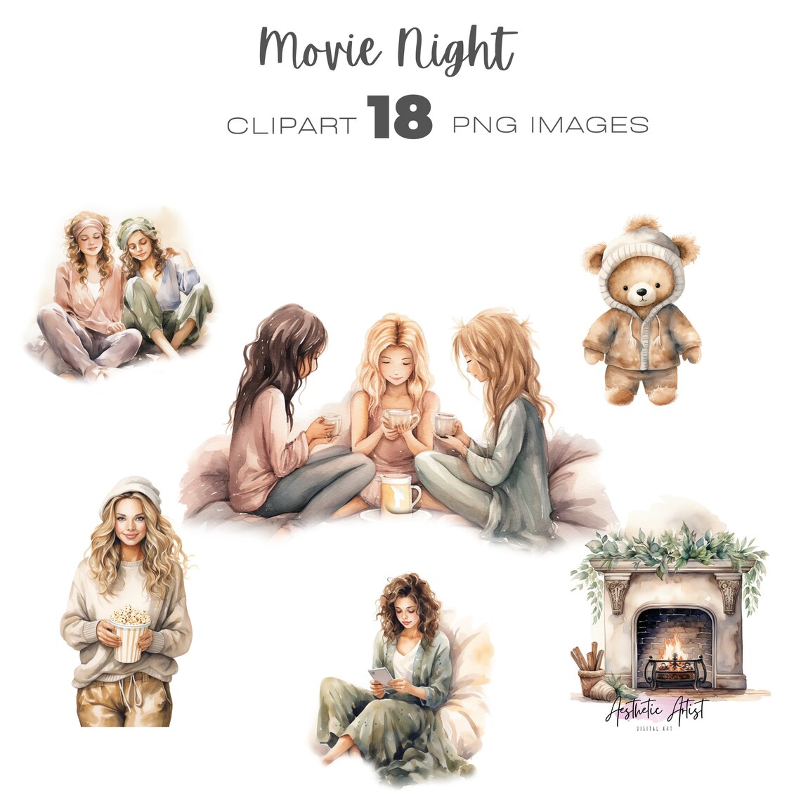 Watercolor Movie Night Clipart Bundle, Romantic Cottagecore Clip Art ...