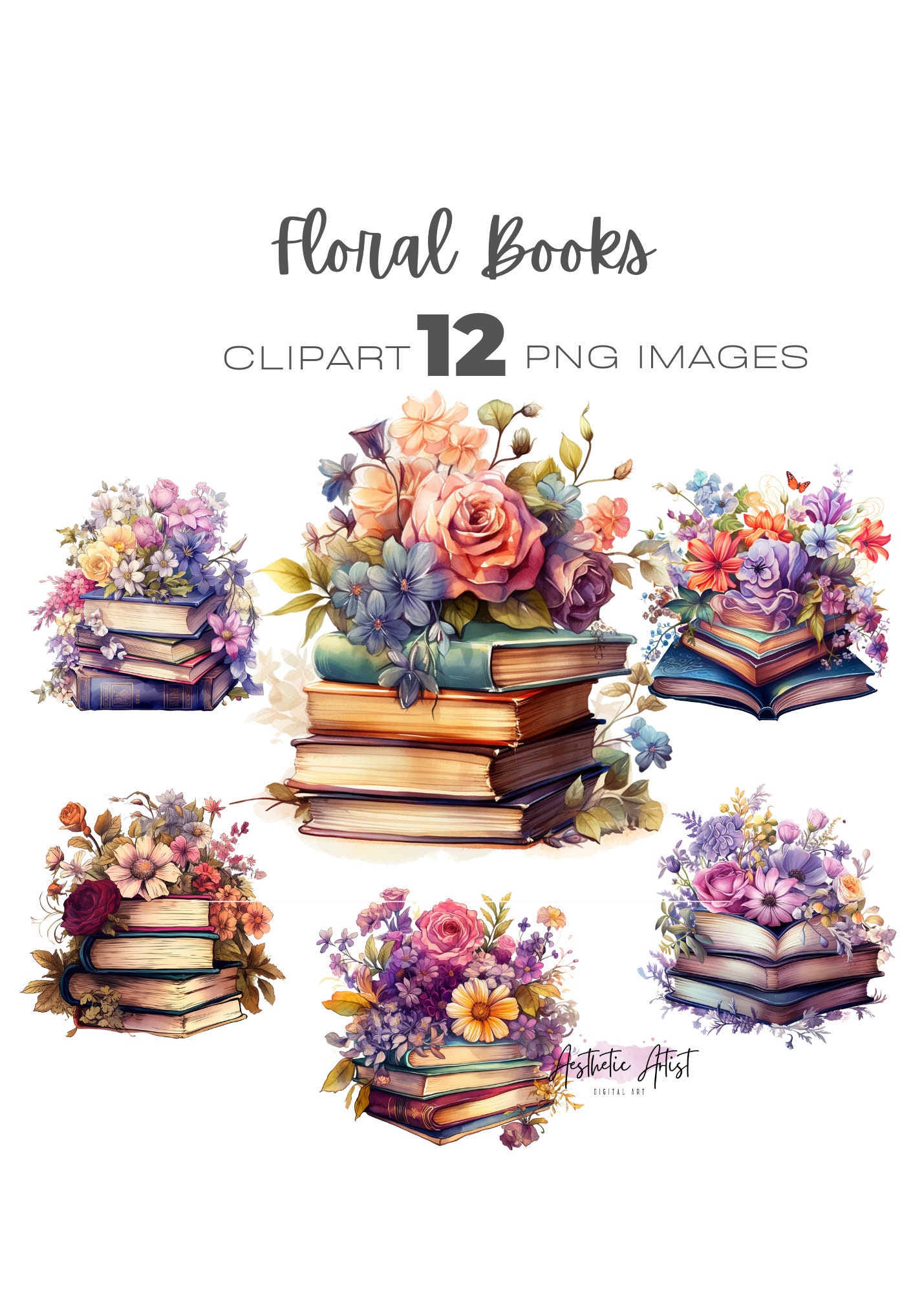Watercolour Floral Stack of Books Clipart Bundle, Library, Book Stack ...