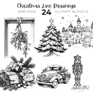 Christmas Line Drawings Clipart, Xmas Png, Holiday Black and White ...