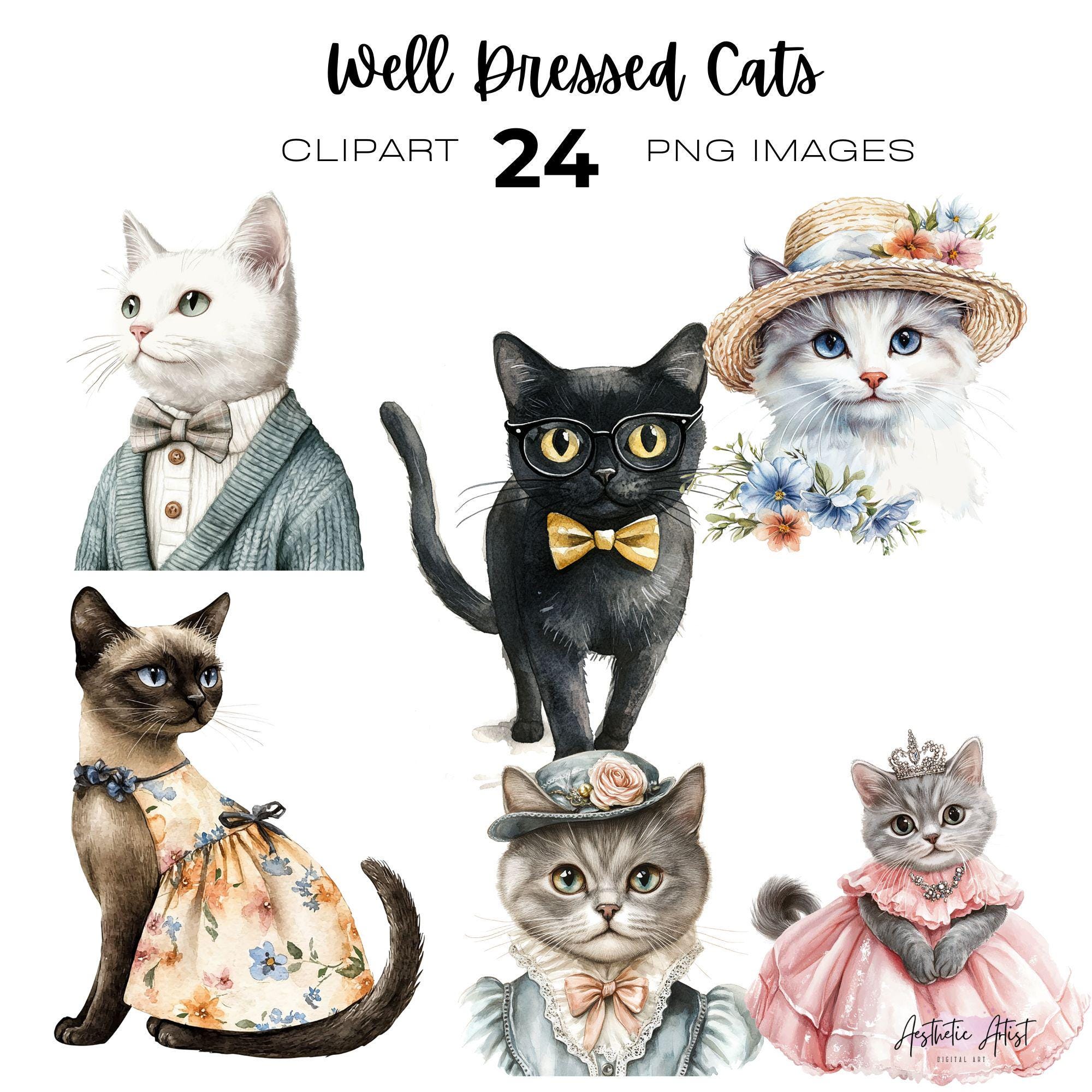 Well Dressed Cats Clipart, Farmhouse Vintage Png, Dapper Cats Clip Art ...