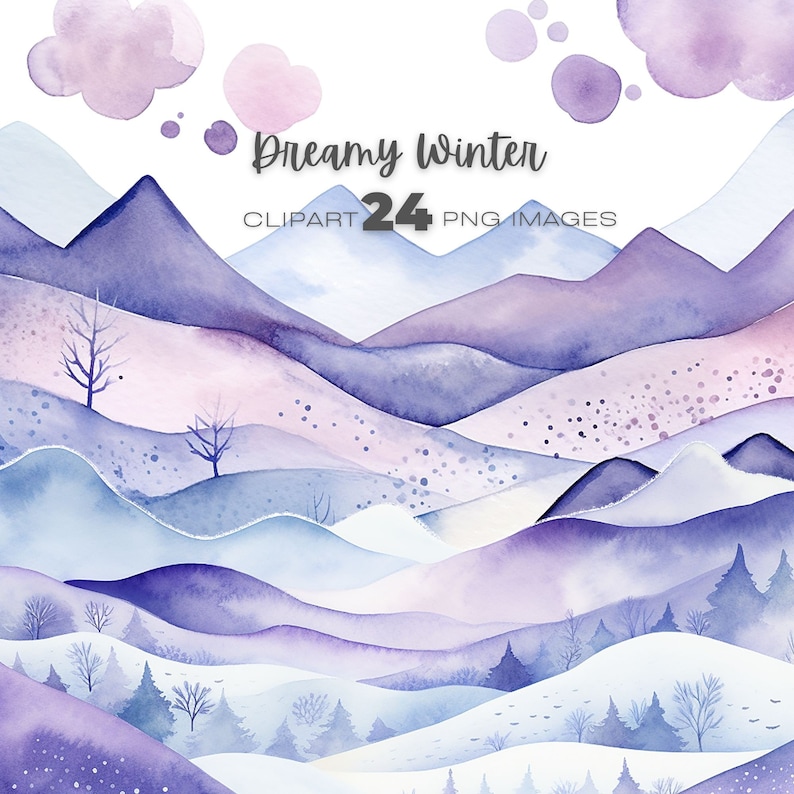 Watercolor Dreamy Winter Clipart, Snowy Hills Clipart, Winter ...
