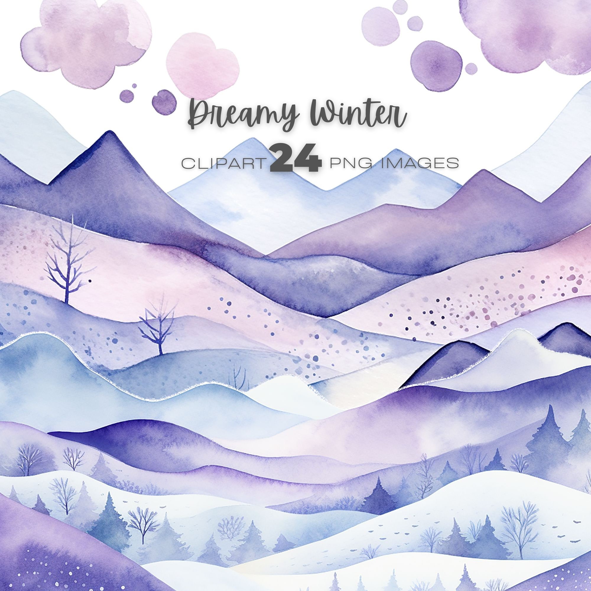 Watercolor Dreamy Winter Clipart, Snowy Hills Clipart, Winter ...