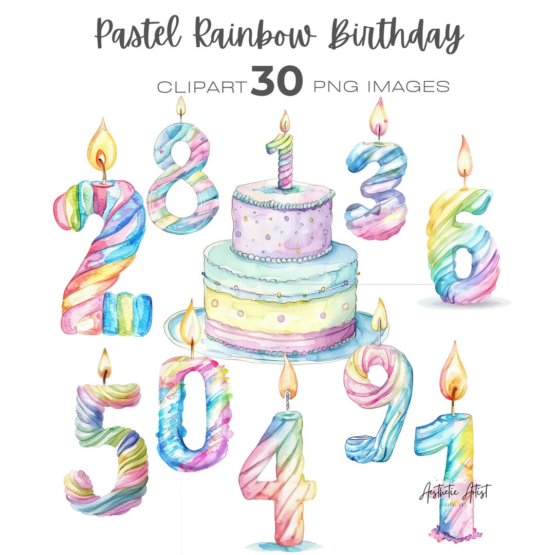 Pastel Rainbow Birthday Clipart, Watercolor Clipart, Birthday Candles ...