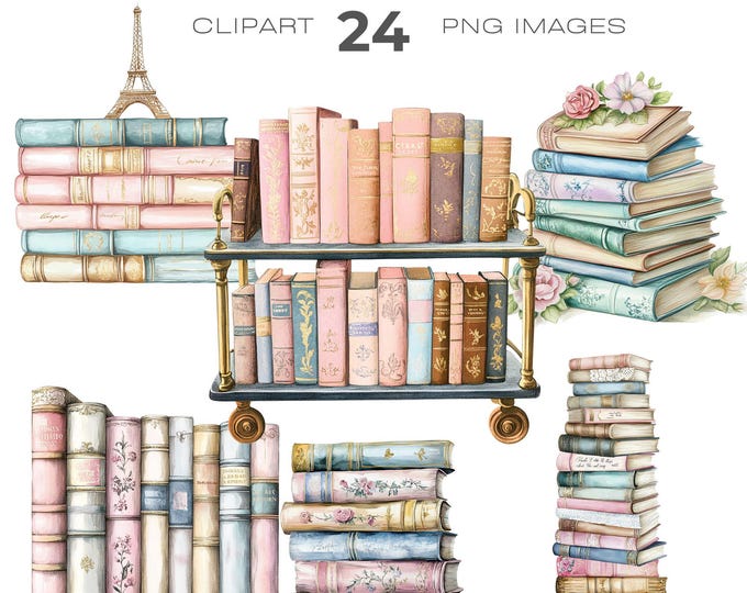 Watercolour French Floral Stack of Books Clipart Bundle, Library, Book ...