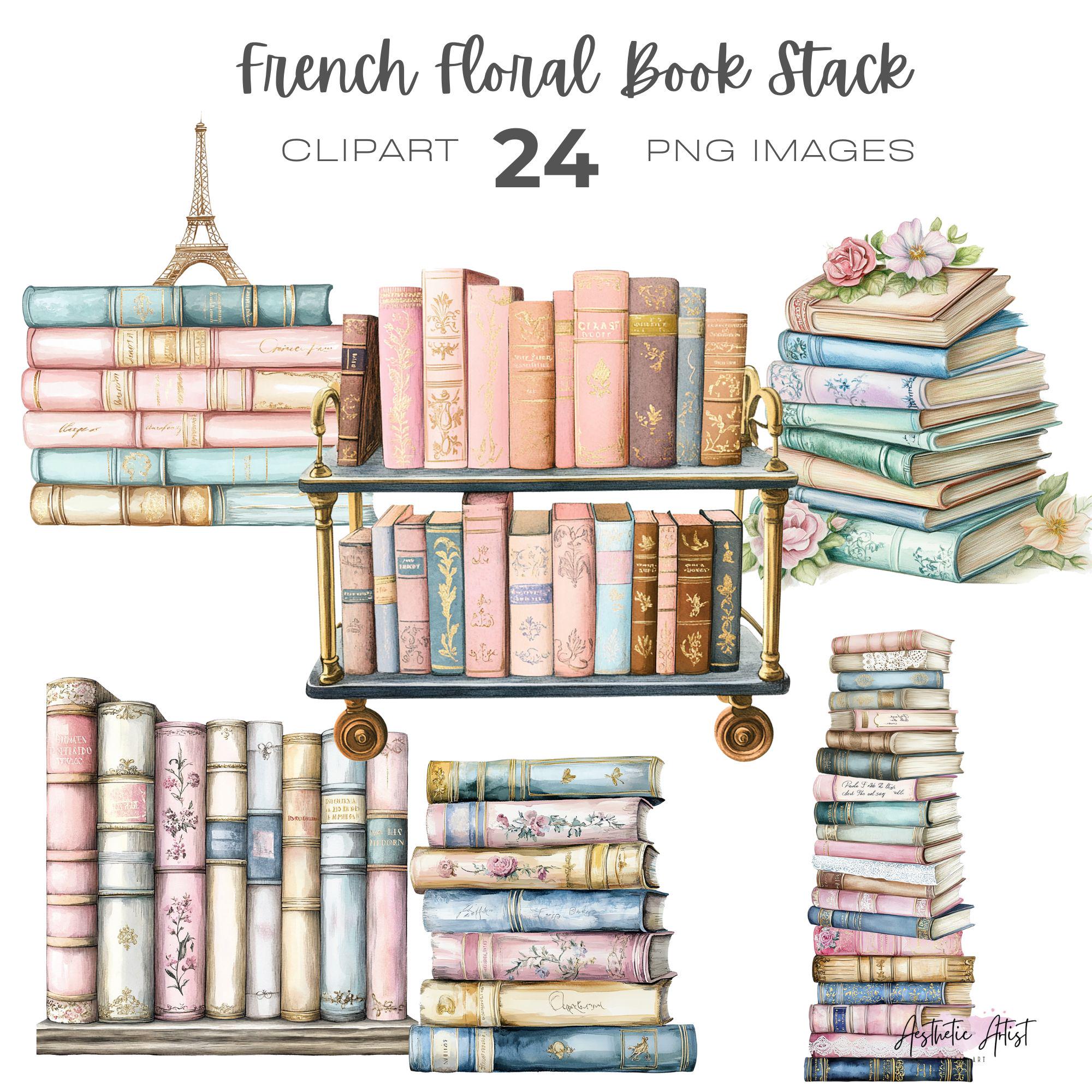 Watercolour French Floral Stack of Books Clipart Bundle, Library, Book ...