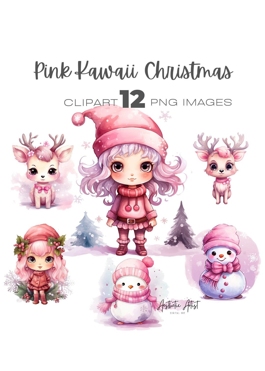 Pink Kawaii Christmas Clipart, Xmas Png, Pastel Christmas Clip Art ...