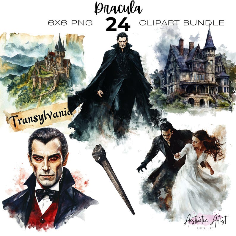 Watercolour Dracula Clipart, Bram Stoker, Gothic Book, Literary Vampire ...