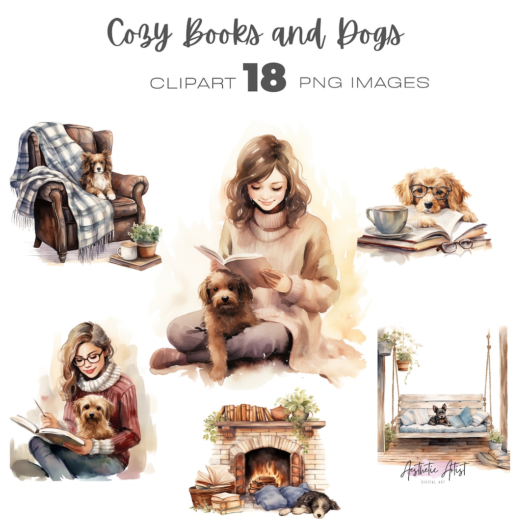 Watercolour Cozy Dogs With Books Clipart, Graphics for Dog Lovers Gift ...