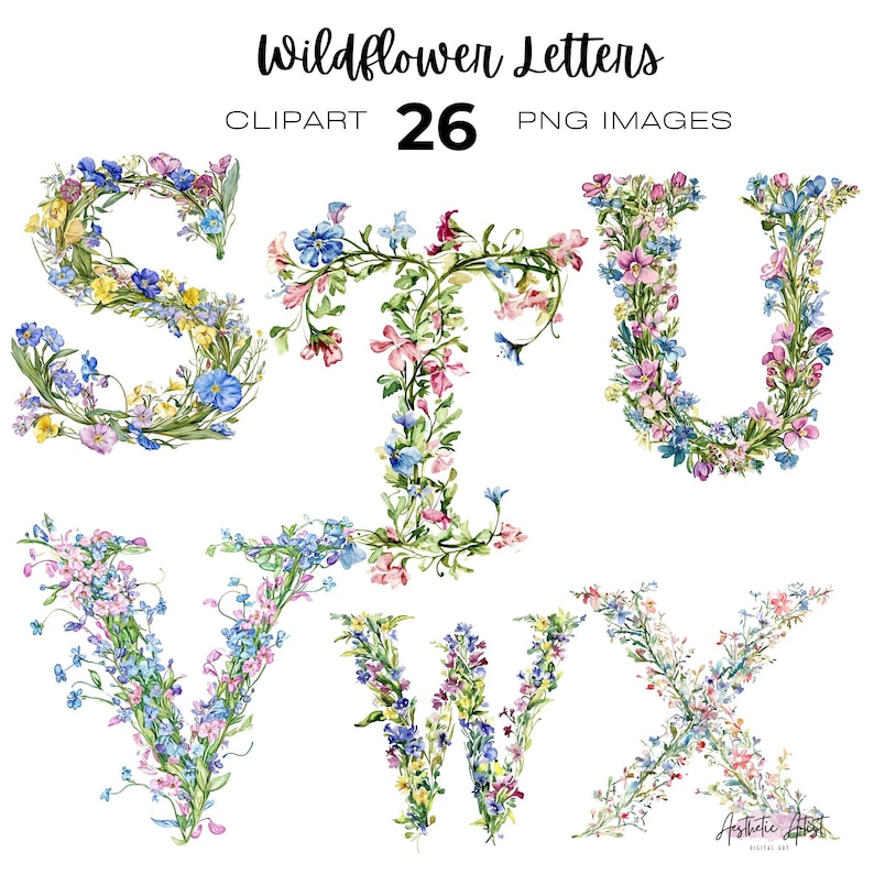 Wildflower Letters Clipart, Watercolor Flower Alphabet, Flower Letters ...