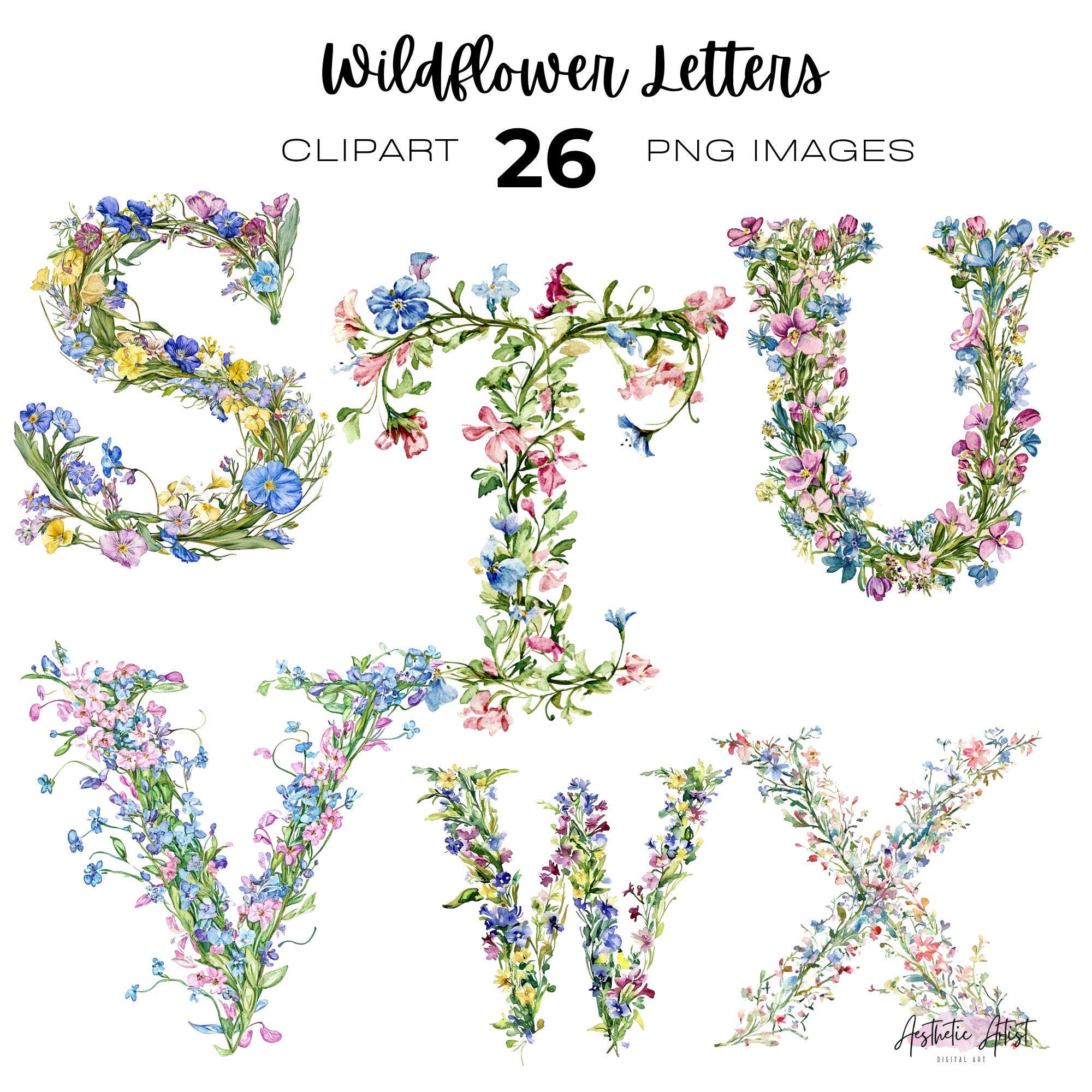 Wildflower Letters Clipart, Watercolor Flower Alphabet, Flower Letters ...