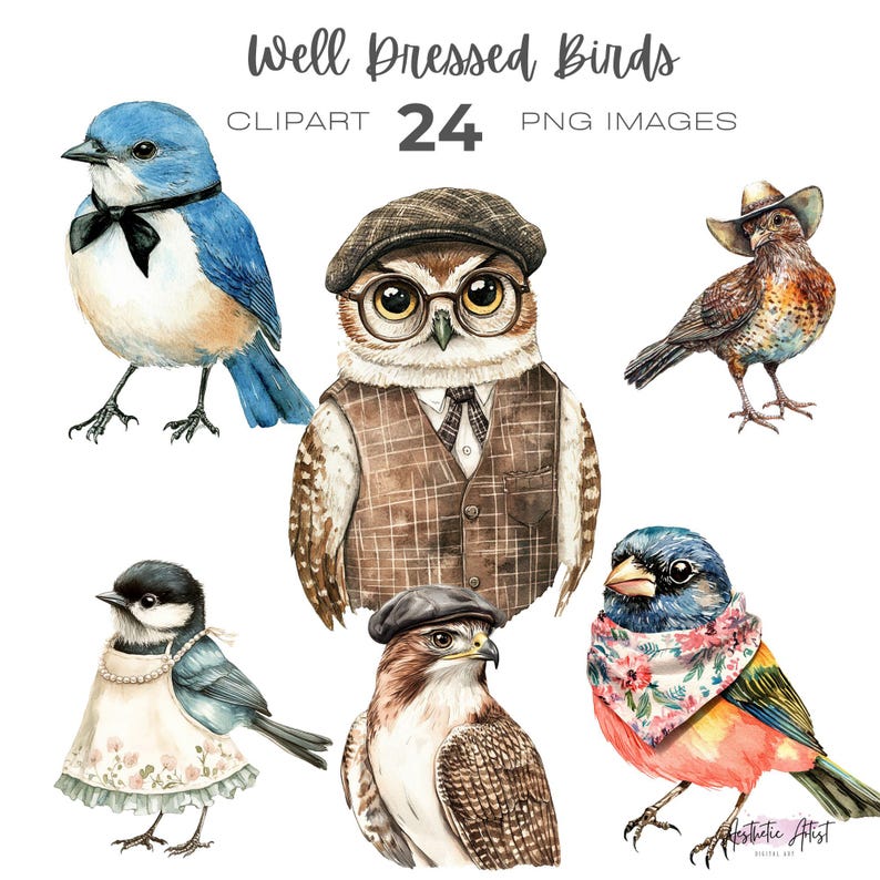 Well Dressed Birds Clipart, Farmhouse Vintage Png, Dapper Bird Clip Art ...