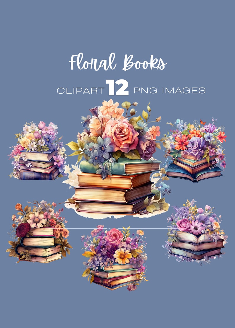 Watercolour Floral Stack of Books Clipart Bundle, Library, Book Stack ...