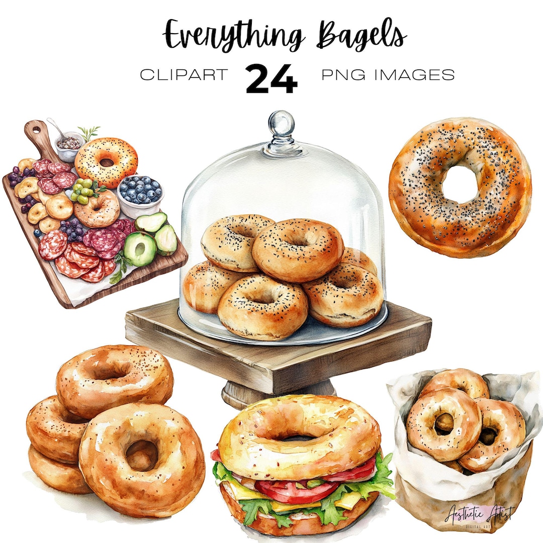 Watercolour Everything Bagels Clipart, New York Bagel Graphics, Bagel ...
