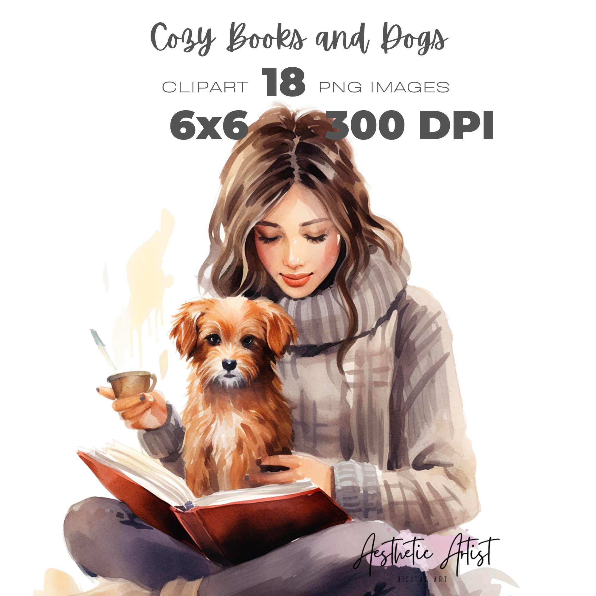Watercolour Cozy Dogs With Books Clipart, Graphics for Dog Lovers Gift ...