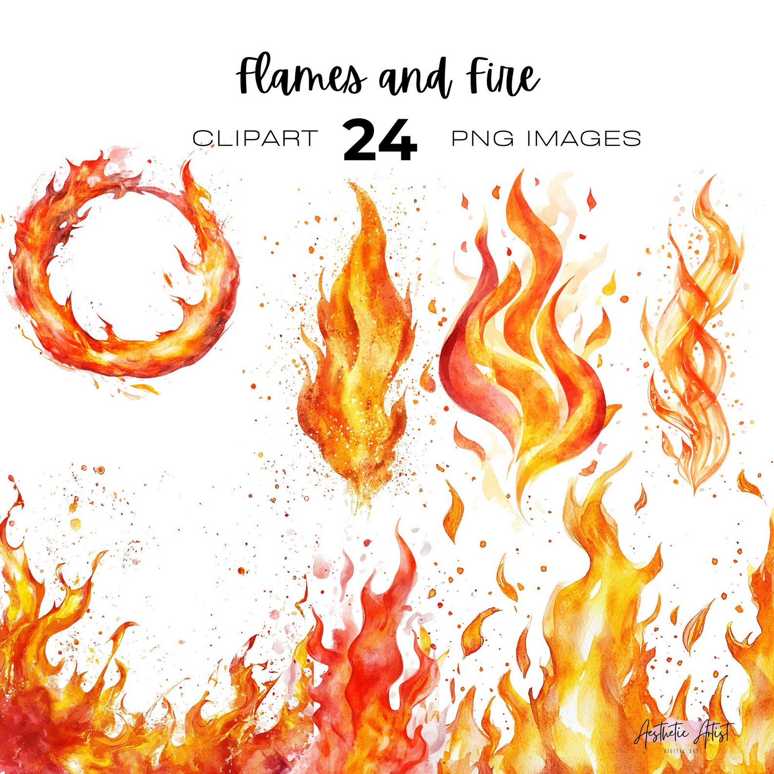Watercolour Flames and Fire Clipart Bundle, Ring of Fire, Flames ...