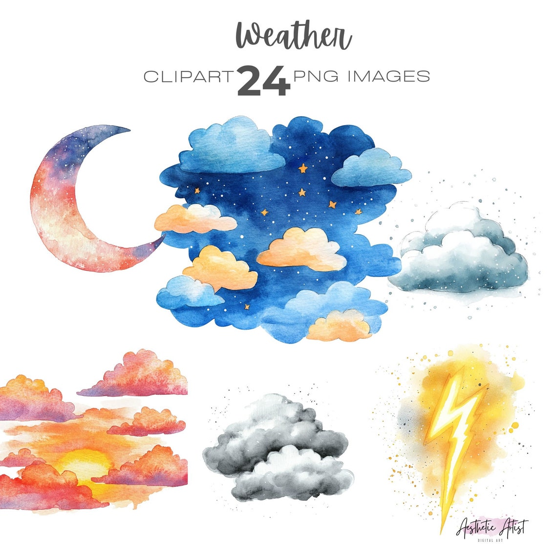 Watercolour Weather Clipart Bundle, Weatherman Symbols, Rainy Day ...