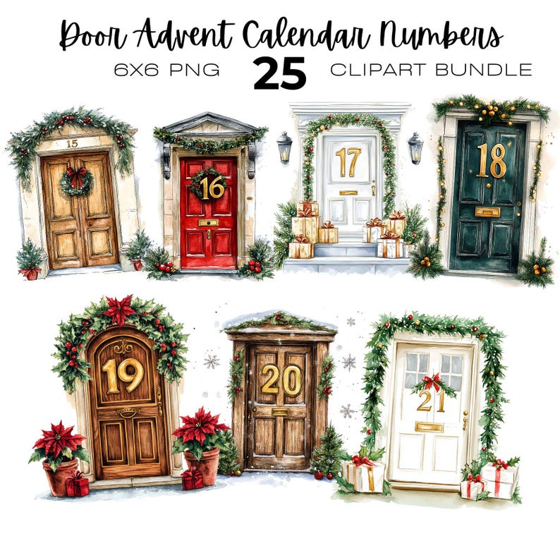 Watercolour Door Advent Calendar Numbers Bundle, Christmas Doors ...
