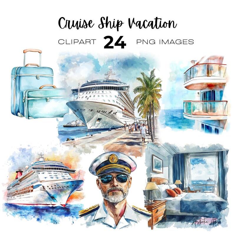 Watercolour Cruise Ship Vacation Clipart Bundle, Swimming, Summer Fun ...