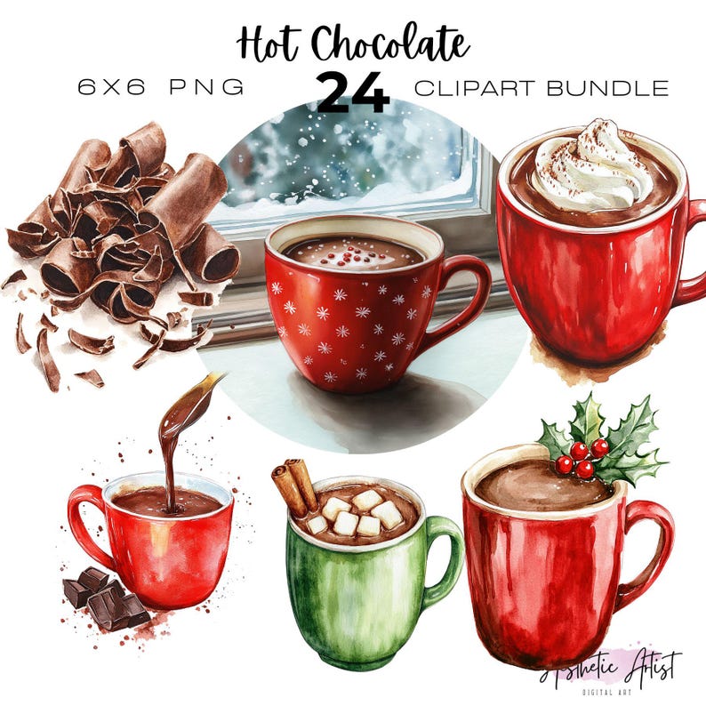 Watercolour Hot Chocolate Clipart Bundle, Christmas Mugs, Winter ...