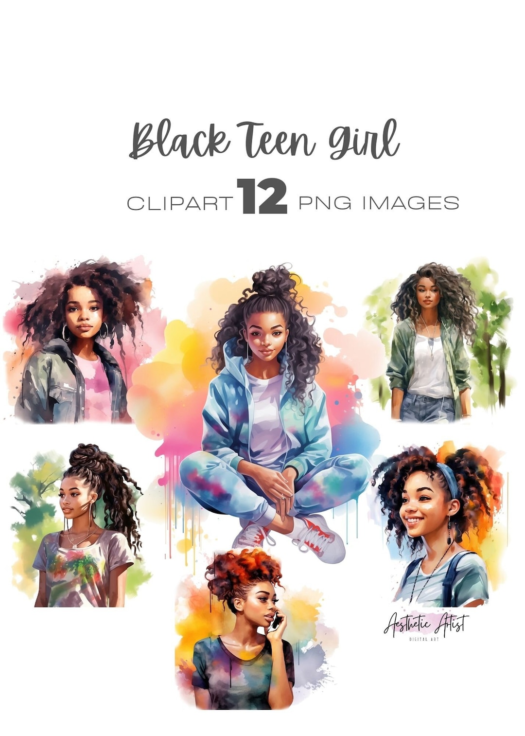 Black Teen Girl Clipart, African American Png, Curly Hair Clip Art, 90s ...
