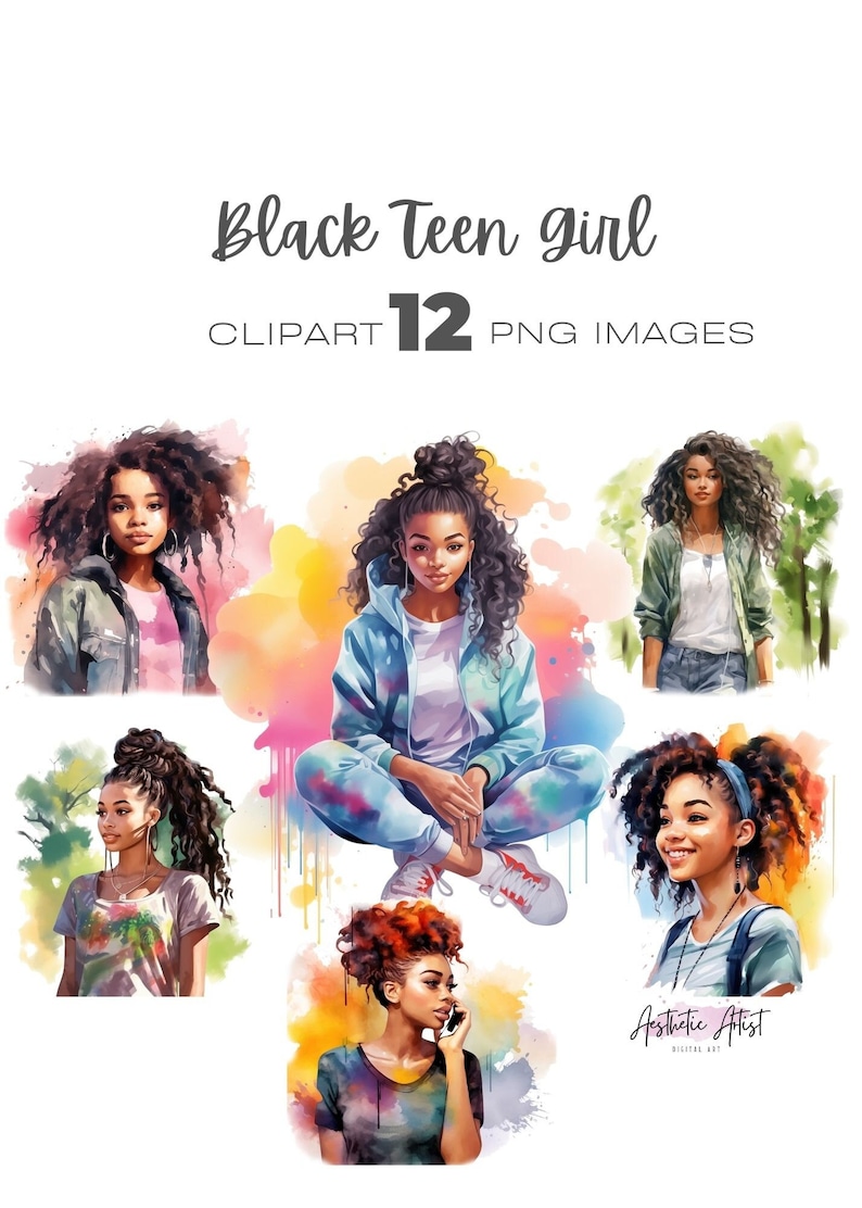 Black Teen Girl Clipart, African American Png, Curly Hair Clip Art, 90s ...