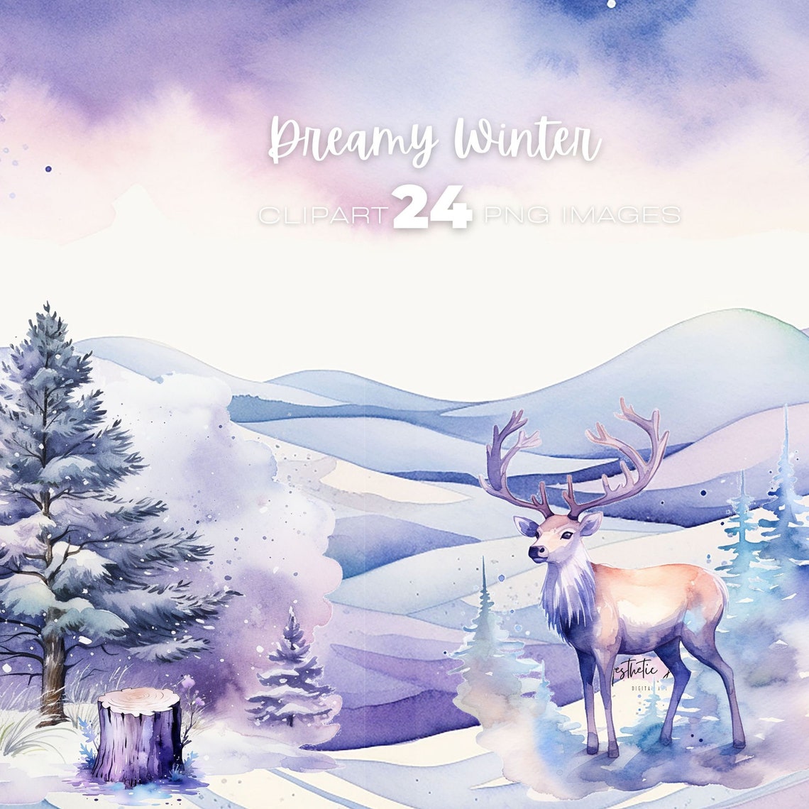 Watercolor Dreamy Winter Clipart, Snowy Hills Clipart, Winter ...