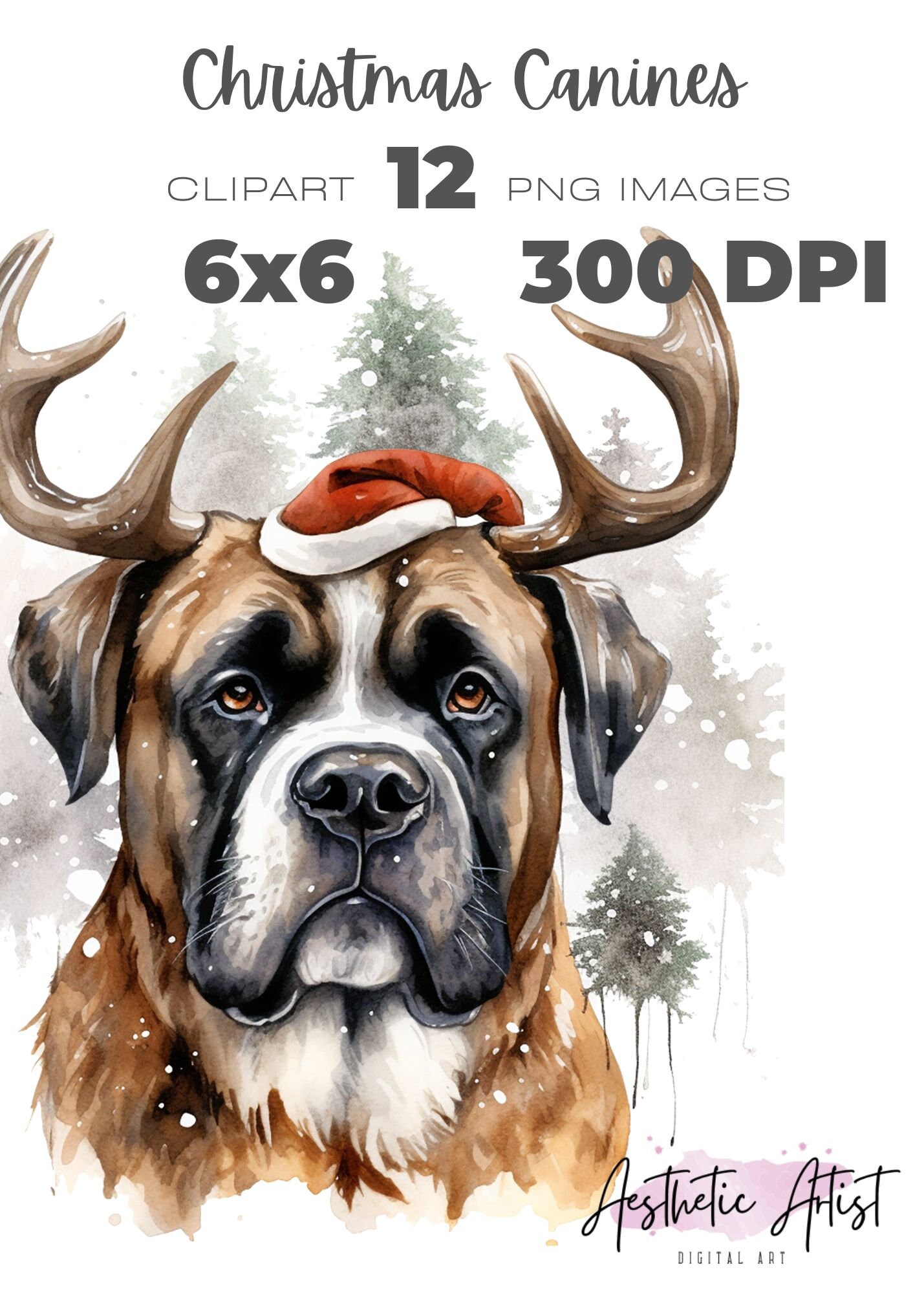 Christmas Dogs Clipart, Xmas Png, Dogs With Antlers Clip Art, Santa Hat ...